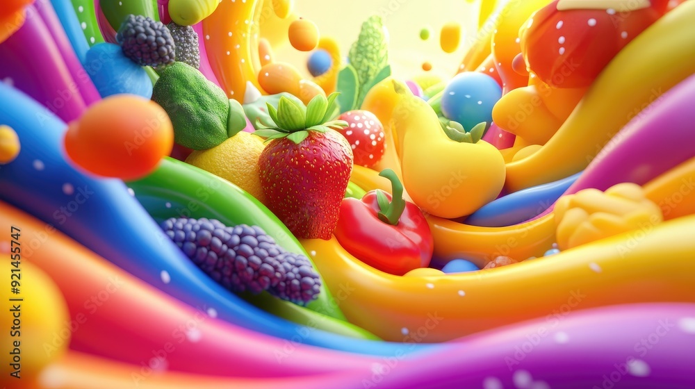 Bright 3D cartoon vegetables and fruits swirling in vivid wave forms ...
