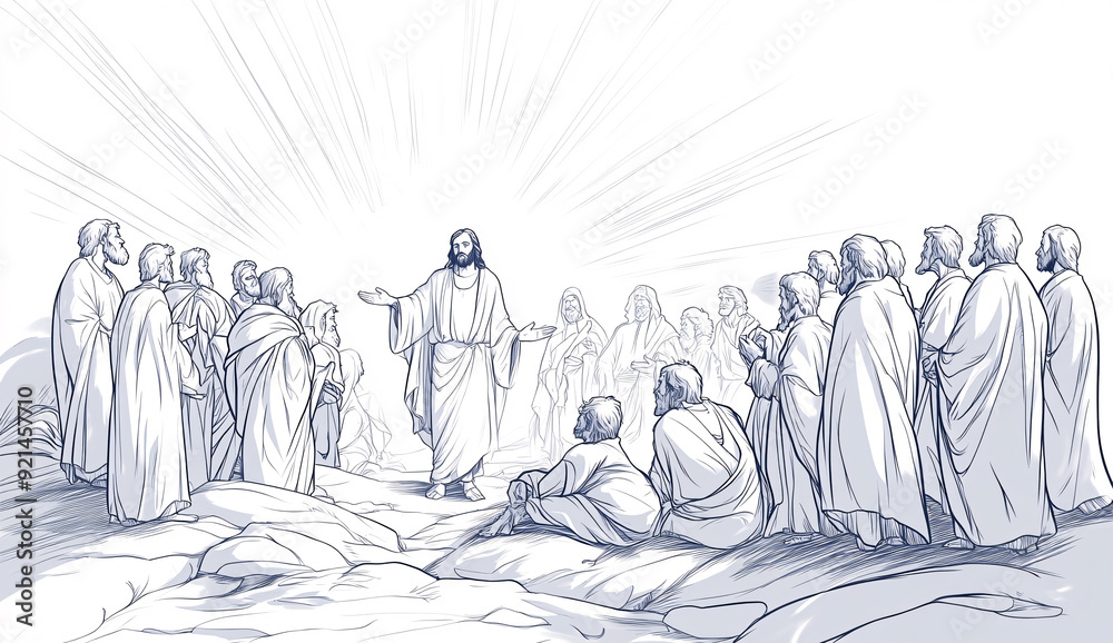 Jesus and Disciples in Cartoon Style Line Drawing Scene Stock ...
