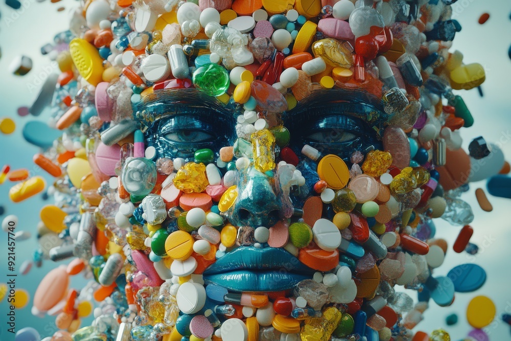 Colorful humanoid face composed of assorted pills depicting the ...