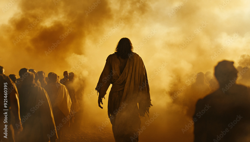 Jesus in Torn Robes Walking Through Smoke and Fire Stock Photo | Adobe ...