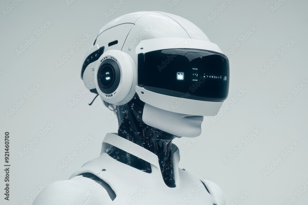 Minimalist white robot wearing a VR headset in a high tech environment ...