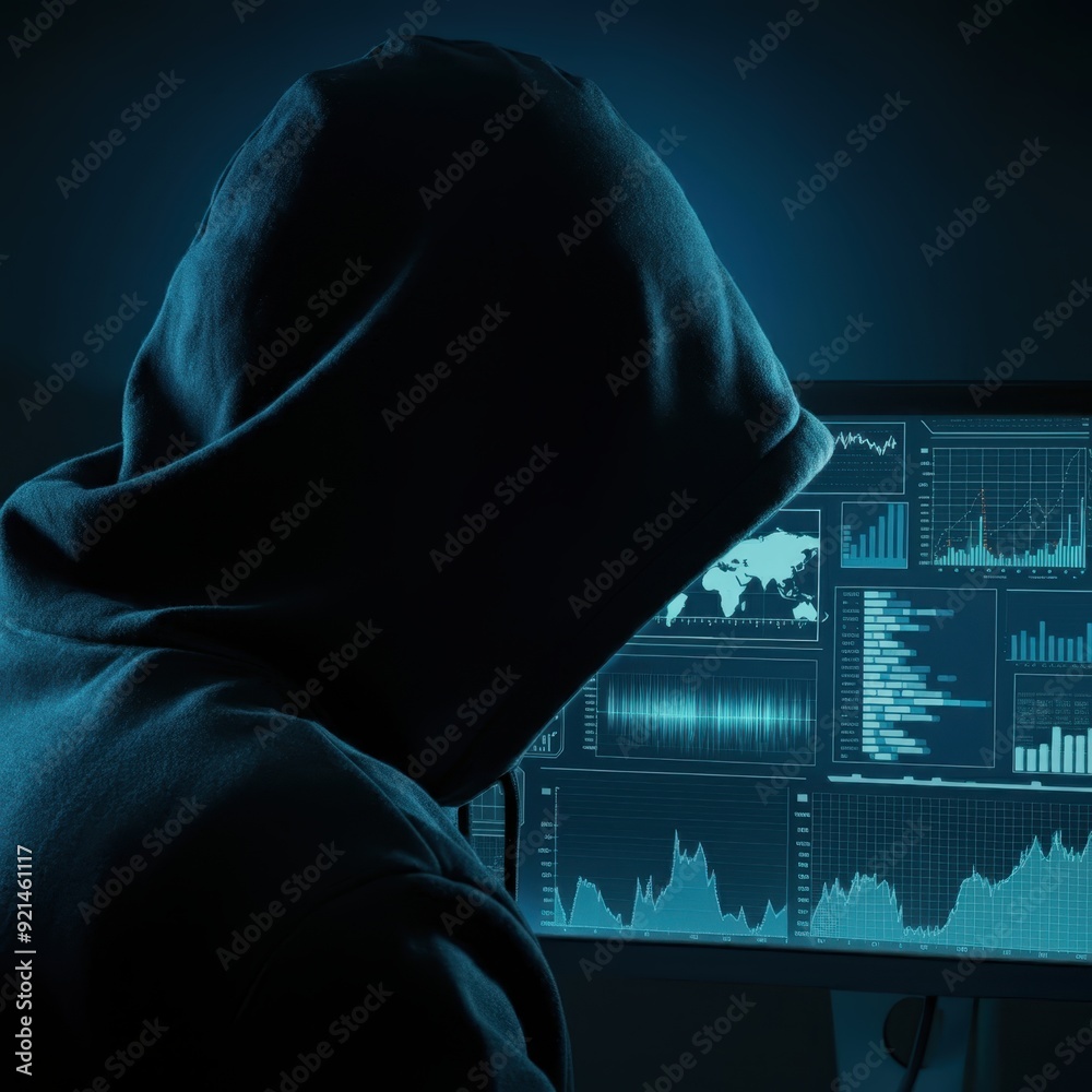 cybersecurity analyst, dark room, multiple monitors, analyzing data ...