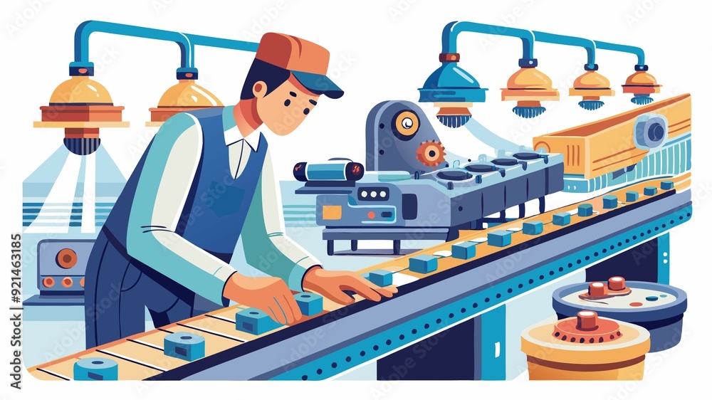 An assembler working on a bustling assembly line. The design creates a ...