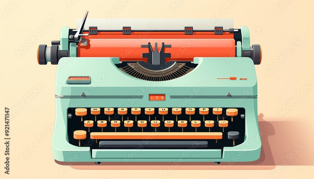 Oldfashioned typewriter flat design, side view, nostalgic office, water ...