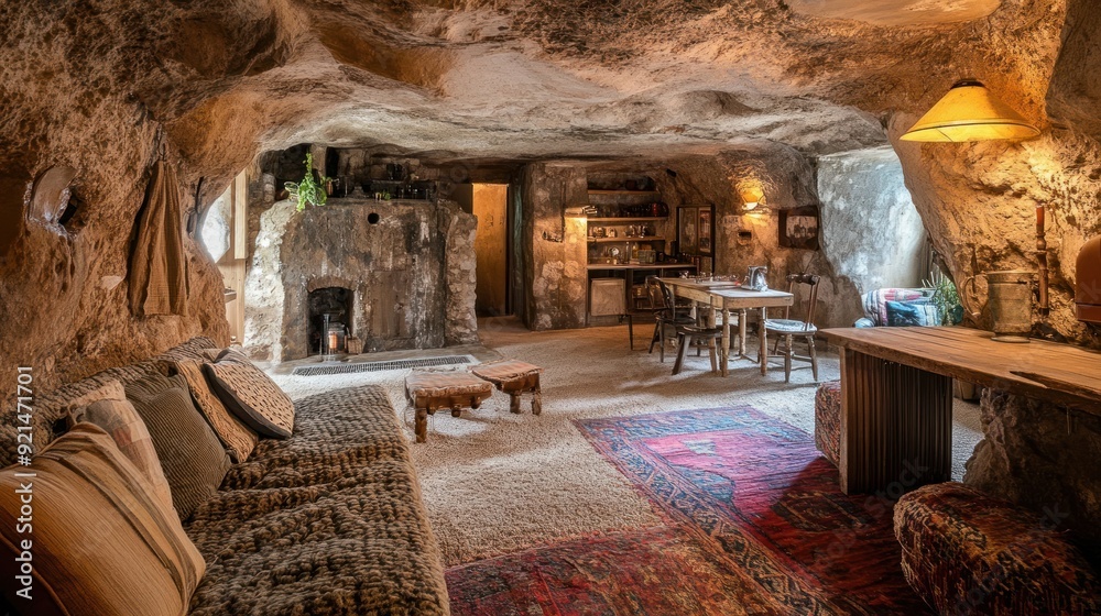 Cozy cave home interior with a stone ceiling, a couch, and a dining ...
