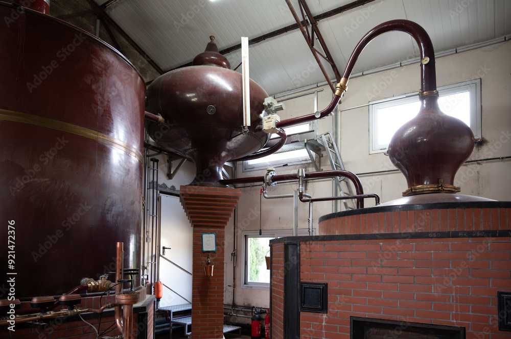 Double distillation process of cognac spirit in Charentias copper ...