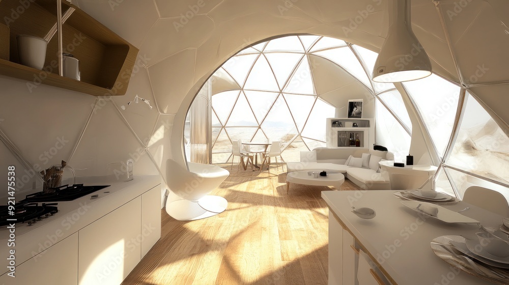 Modern geodesic dome home interior with kitchen, dining, and living ...