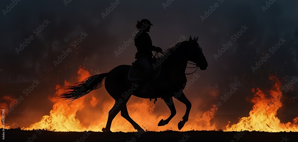 Equestrian with Fire Hooves Silhouette of a horseback rider with fiery ...