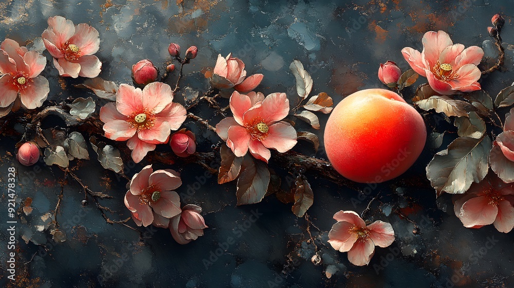 Auspicious Peach with Lotus Flowers: A peach surrounded by lotus ...