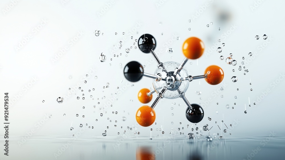 An educational image featuring a ball-and-stick model of a water ...