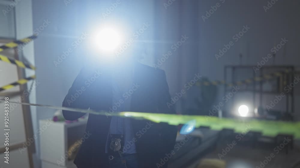 A woman investigator examines a dimly lit crime scene indoors, with ...
