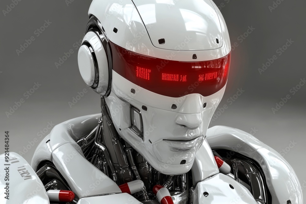 Modern robot head equipped with sensors and red visor exploring sensory ...