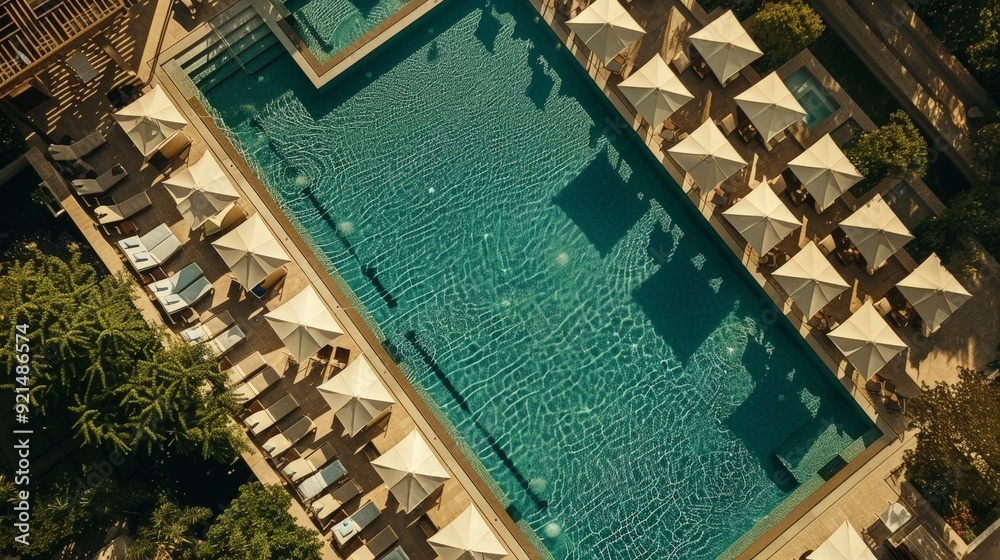 Capture an aerial perspective of a large, sparkling pool at a luxury ...