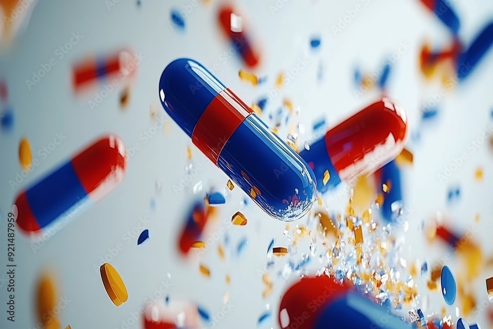Dynamic explosion of red and blue capsules metaphorically depicting the ...