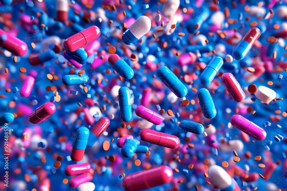 Dynamic shower of vibrant capsules depicting the energy and variety in ...