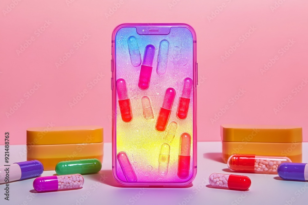 High tech depiction of capsules with neon illumination representing ...