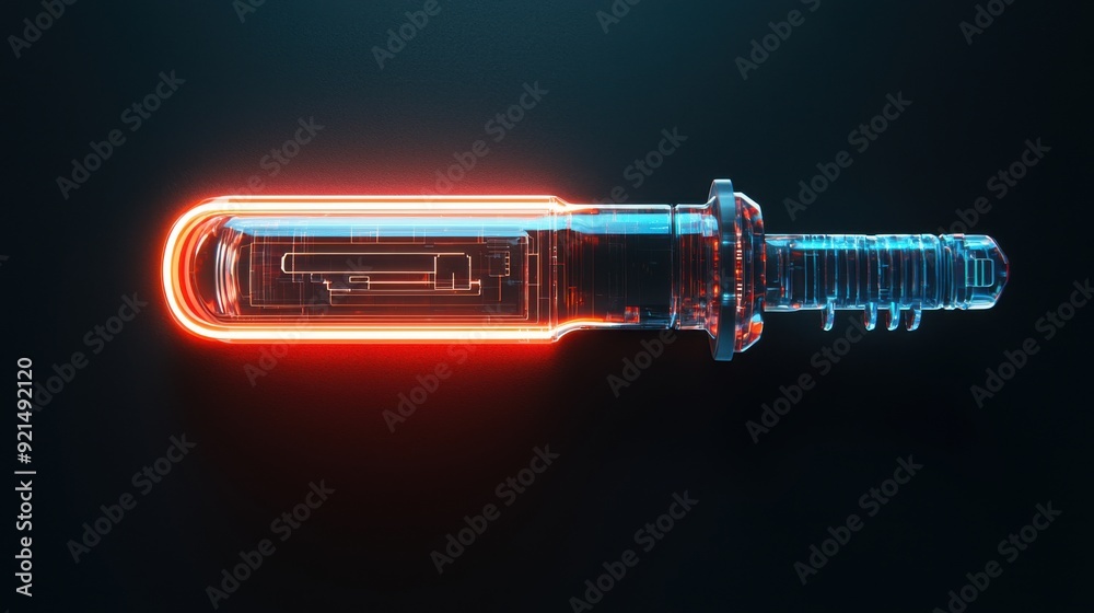 A high-tech key with a glowing red and blue neon outline, set against a ...