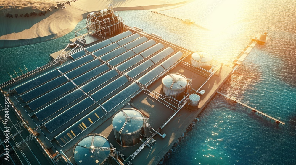 Color photo of a solar-powered desalination plant, converting seawater ...