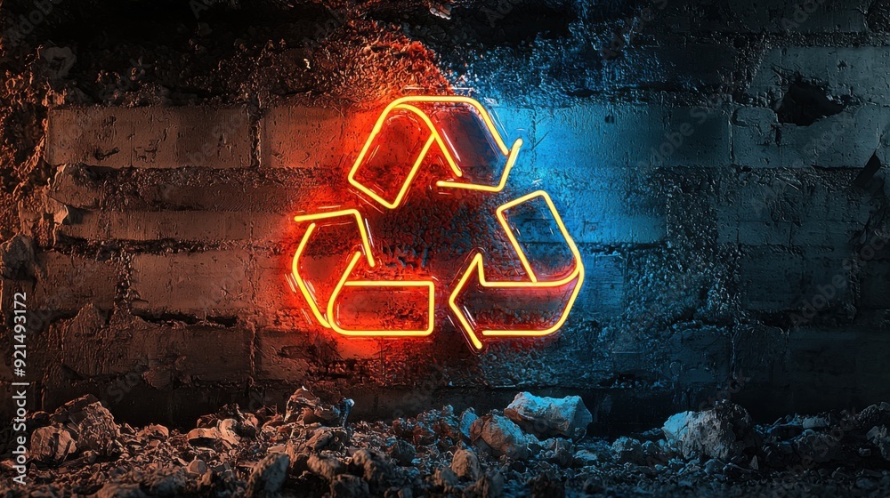 Neon sign of a recycling symbol glowing brightly in a dark, textured ...