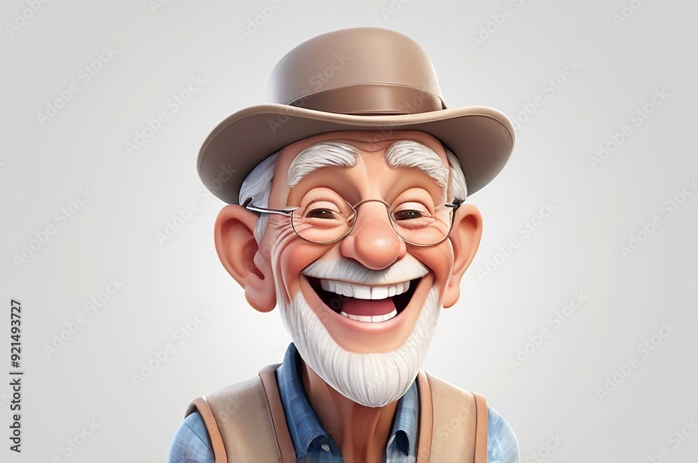 Happy laughing cartoon character old man wearing a hat in 3D style ...