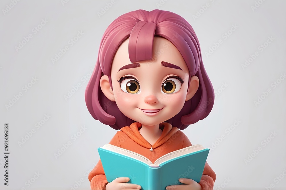 Shy blushing cartoon character young girl holding a book in 3D style ...