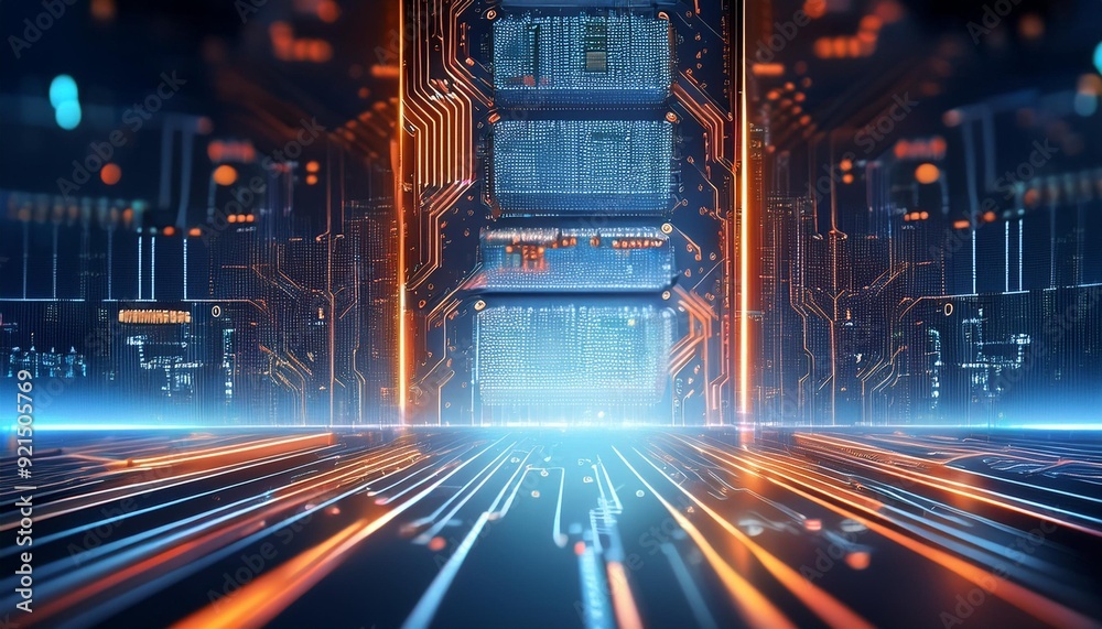 Highly technological 3D art of motherboard and fiber optics; animated ...