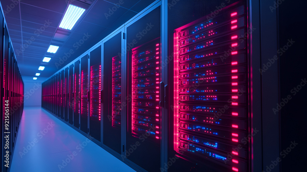 Powerful Server Room with Neon Lights - Perfect for Technology and Data ...