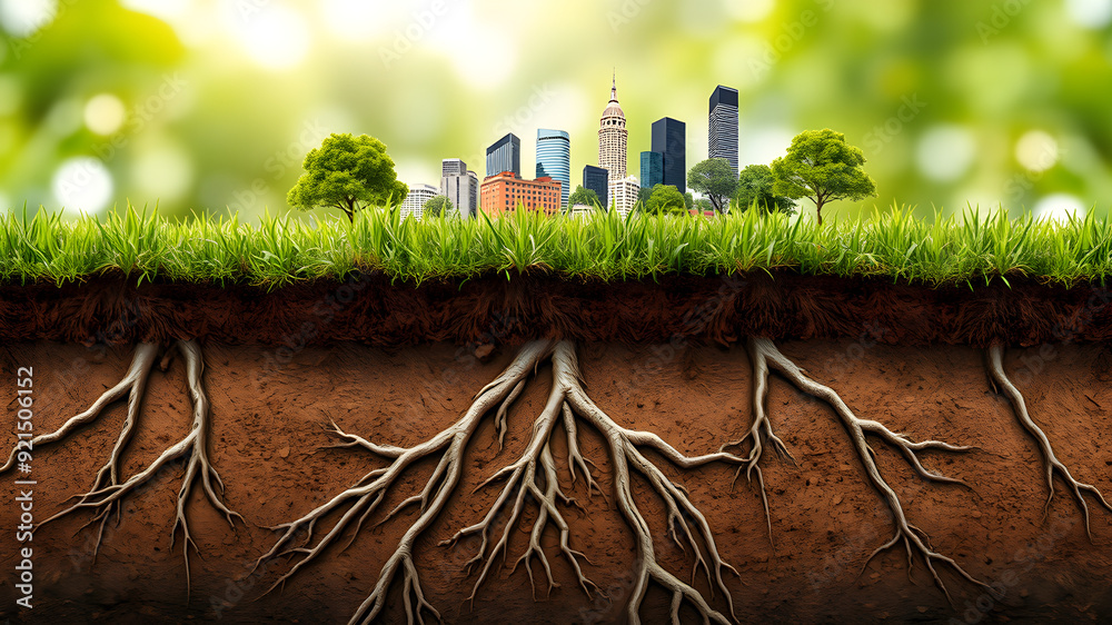Front view cut of soil with grass and city on top and from tree roots ...