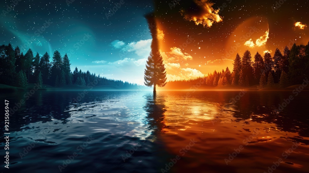 Surreal landscape with fire and ice split, showcasing dramatic color ...