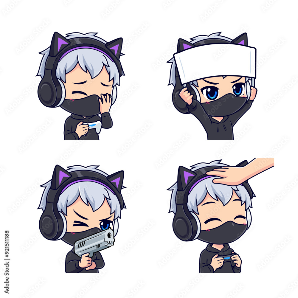 Cute masked gamer boy cartoon mascot. Set of face emotions vector ...