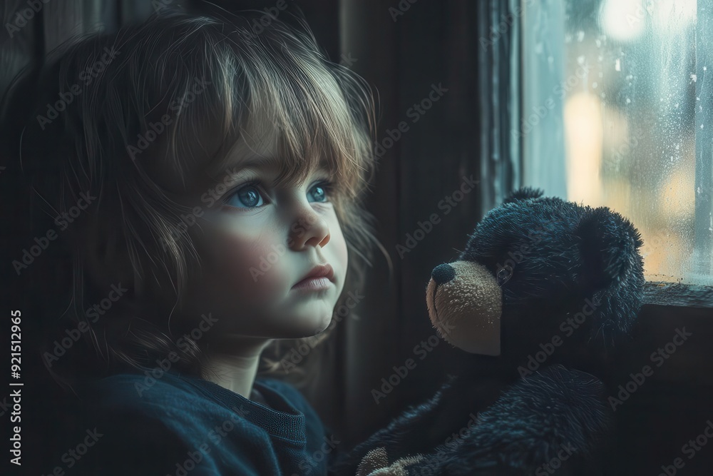 haunting portrait of lonely child with teddy bear in shadowy abandoned ...
