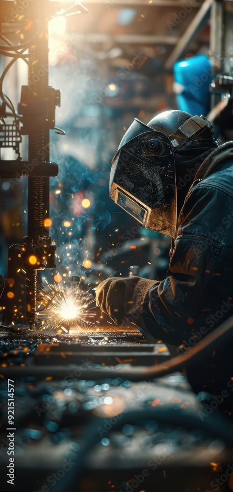 Industrial welder working with sparks in the factory. Professional ...