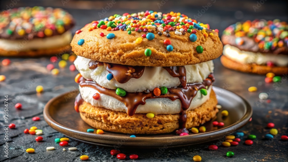 Colorful dessert treat featuring a crunchy cookie sandwiching a scoop ...