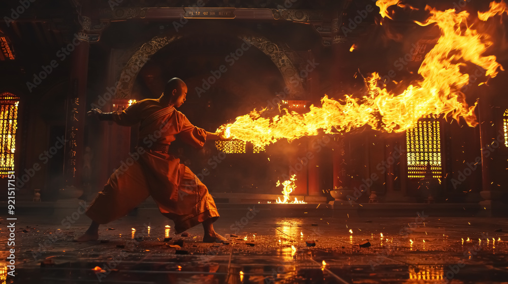 Shaolin Warrior Monk Taming Fire: Warrior monk performing a fire-taming ...