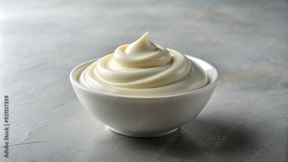 Creamy white mayonnaise dollop sits solo on a clean, neutral background ...