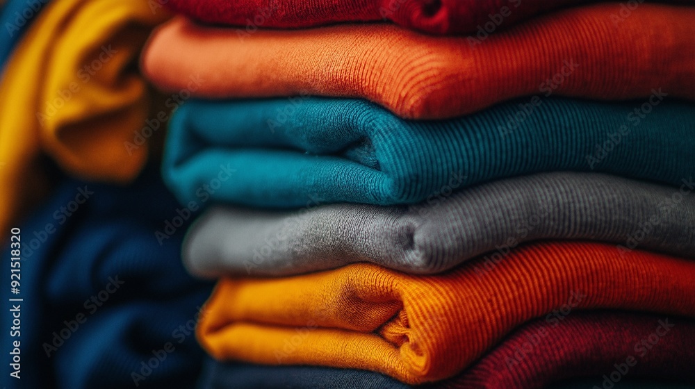 An up-close look at a neatly piled stack of different colored t-shirts ...