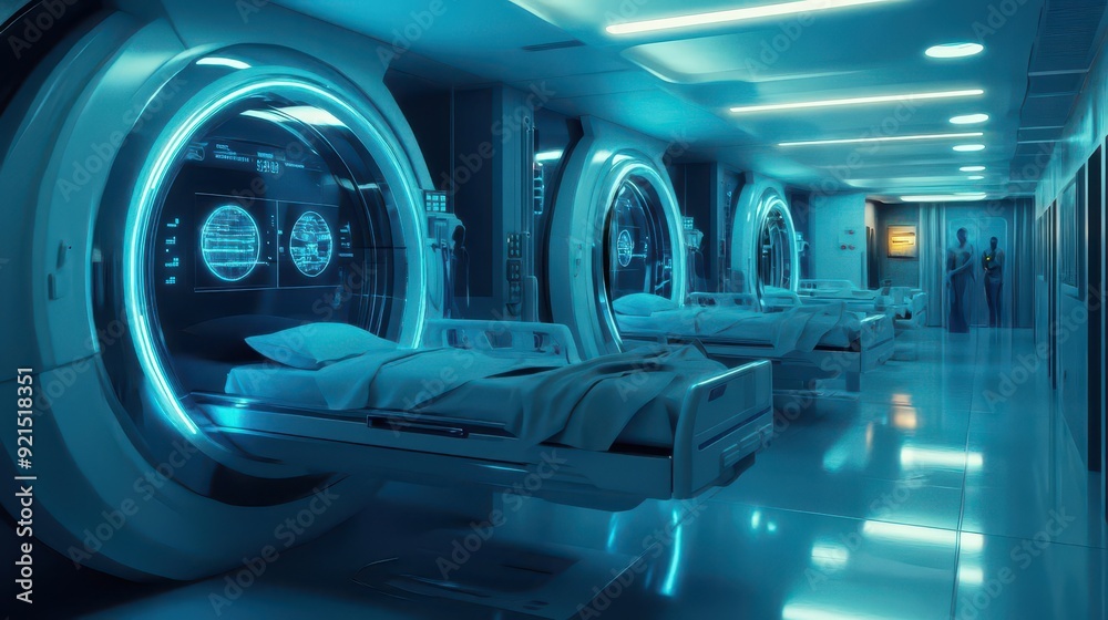 afrofuturistic hospital ward advanced healing pods with holographic ...