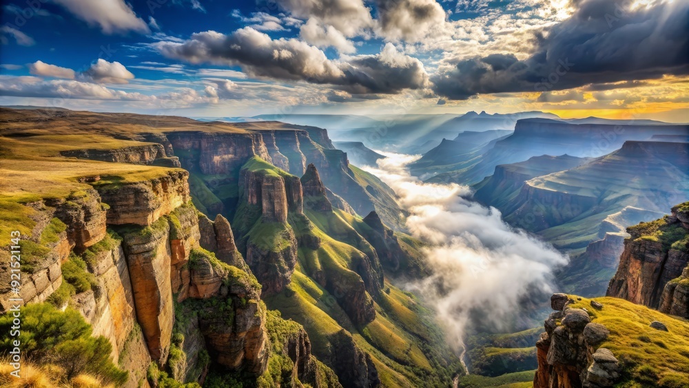 Dramatic landscape depicting a deep, rugged rift valley with steep ...