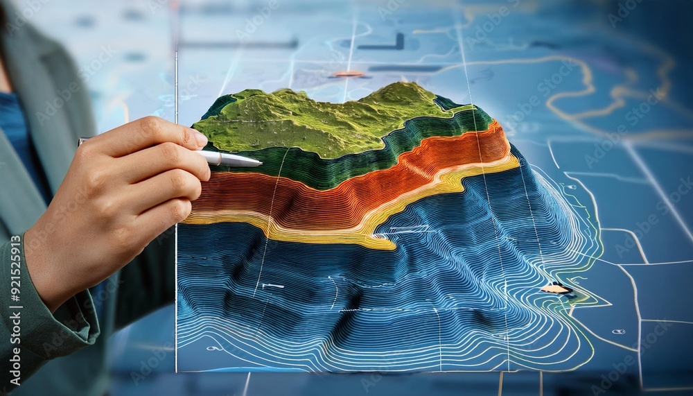 GIS geodata mapping concept featuring a detailed, layered terrain model ...