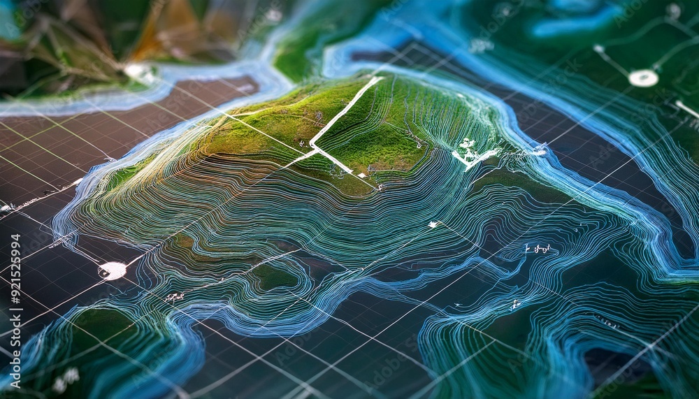 GIS geodata mapping concept featuring a detailed, layered terrain model with contour lines and ...