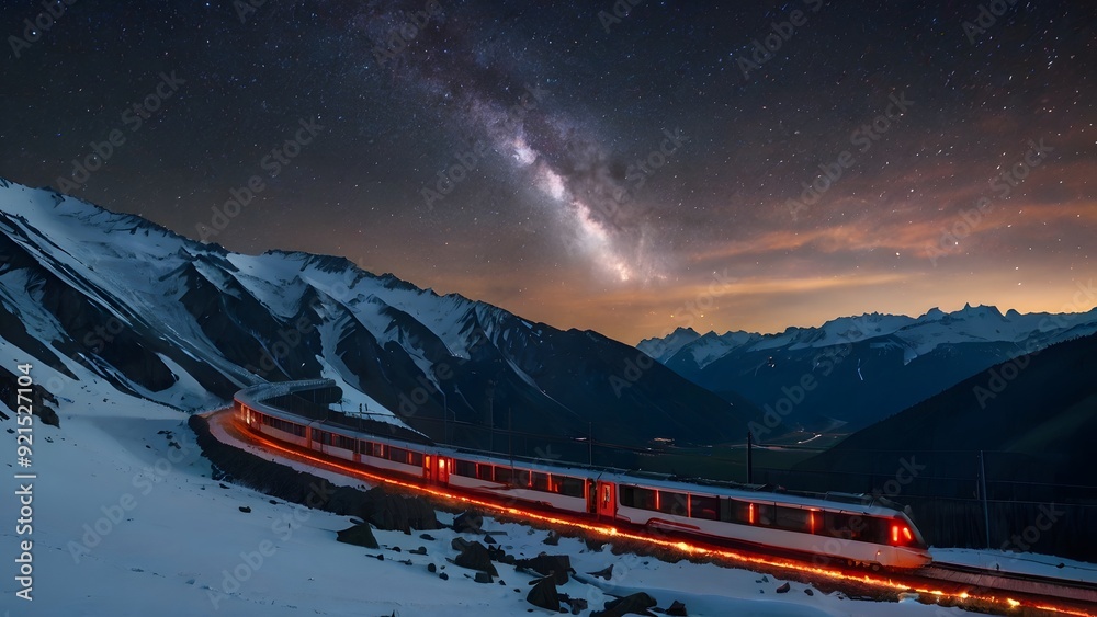 A luxury train, the Glacier Express, winds its way through the snow-capped Swiss Alps as a rare ...