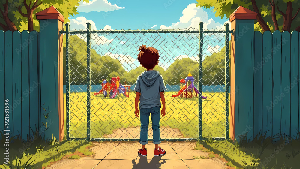 Boy Gazes at Distant Playground Through Fence Stock Illustration ...