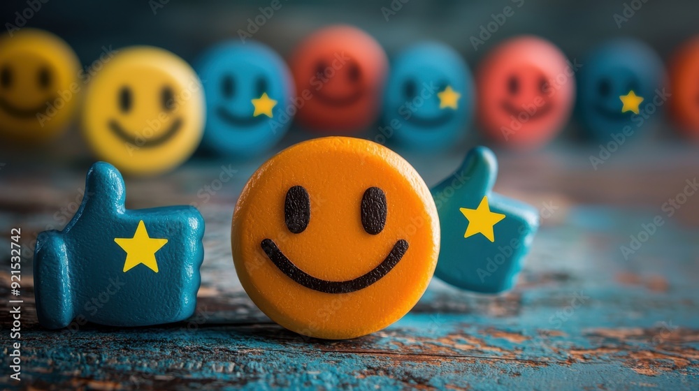 Smiley face surrounded by positive symbols, thumbs-up gestures, stars ...