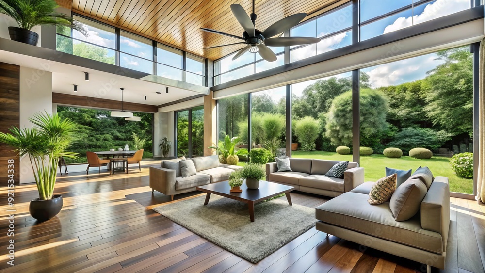 Refreshing summer scene of a modern home with open windows, whirring ...