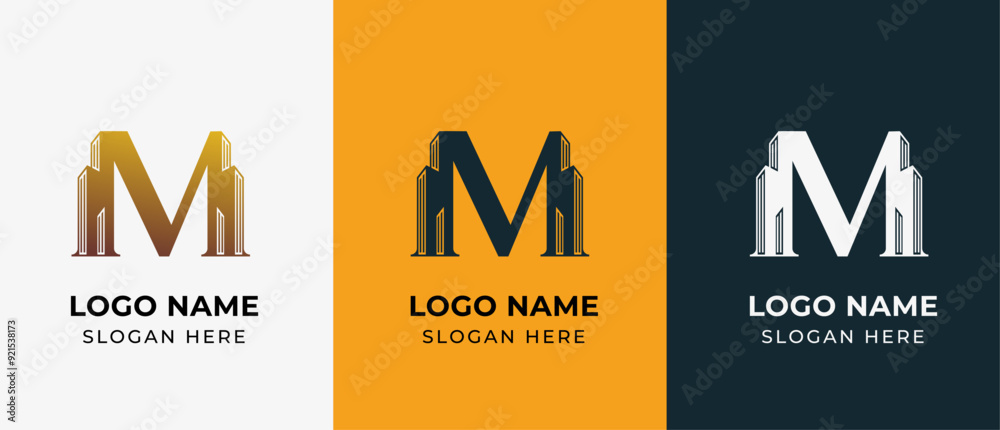 Logo Letter M and Skyscraper Building with Gold luxury color. Logo real ...