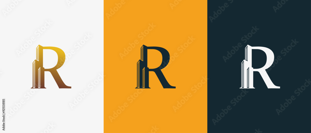 Logo Letter R and Skyscraper Building with Gold luxury color. Logo real ...