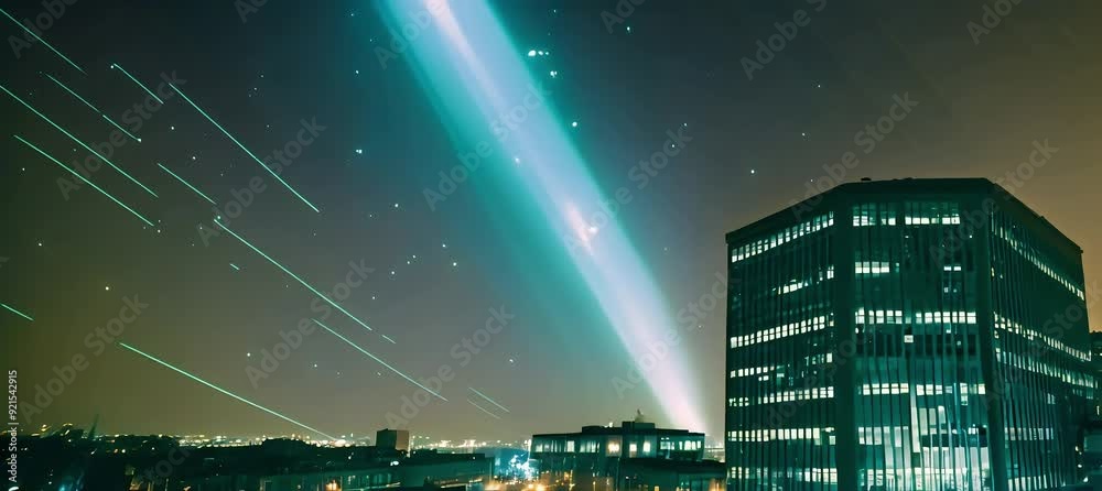 A brilliant blue comet with an exceptionally long tail streaks across ...