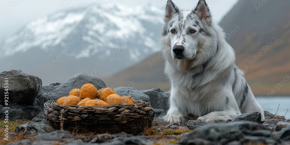 Arctic Wolf Resting on Rocky Terrain with Nest of Golden Eggs and Snow ...