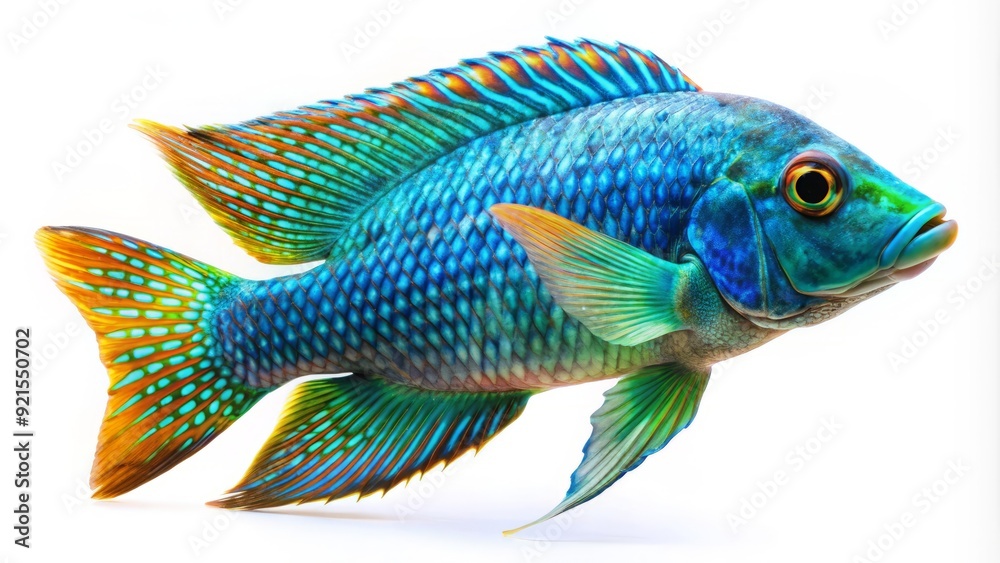 Vibrant turquoise cichlid fish with intricate scales and flowing fins ...