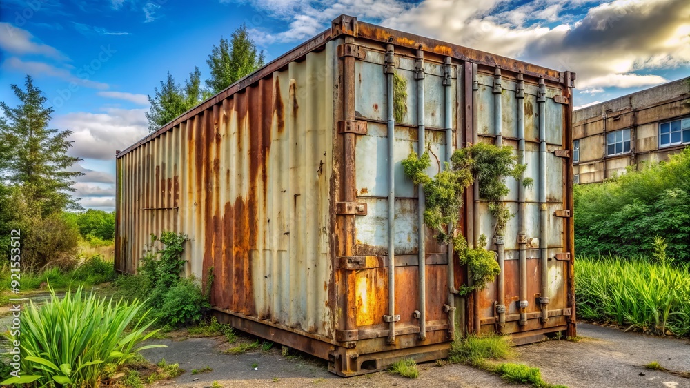 Weathered corrugated metal shipping container with rusty bolts and ...